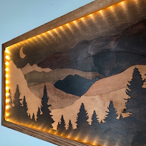 3D LED Mountain Wood Wall Art: Illuminated Forest Scene - Etsy