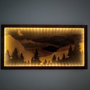 3D LED Mountain Wood Wall Art: Illuminated Forest Scene - Etsy