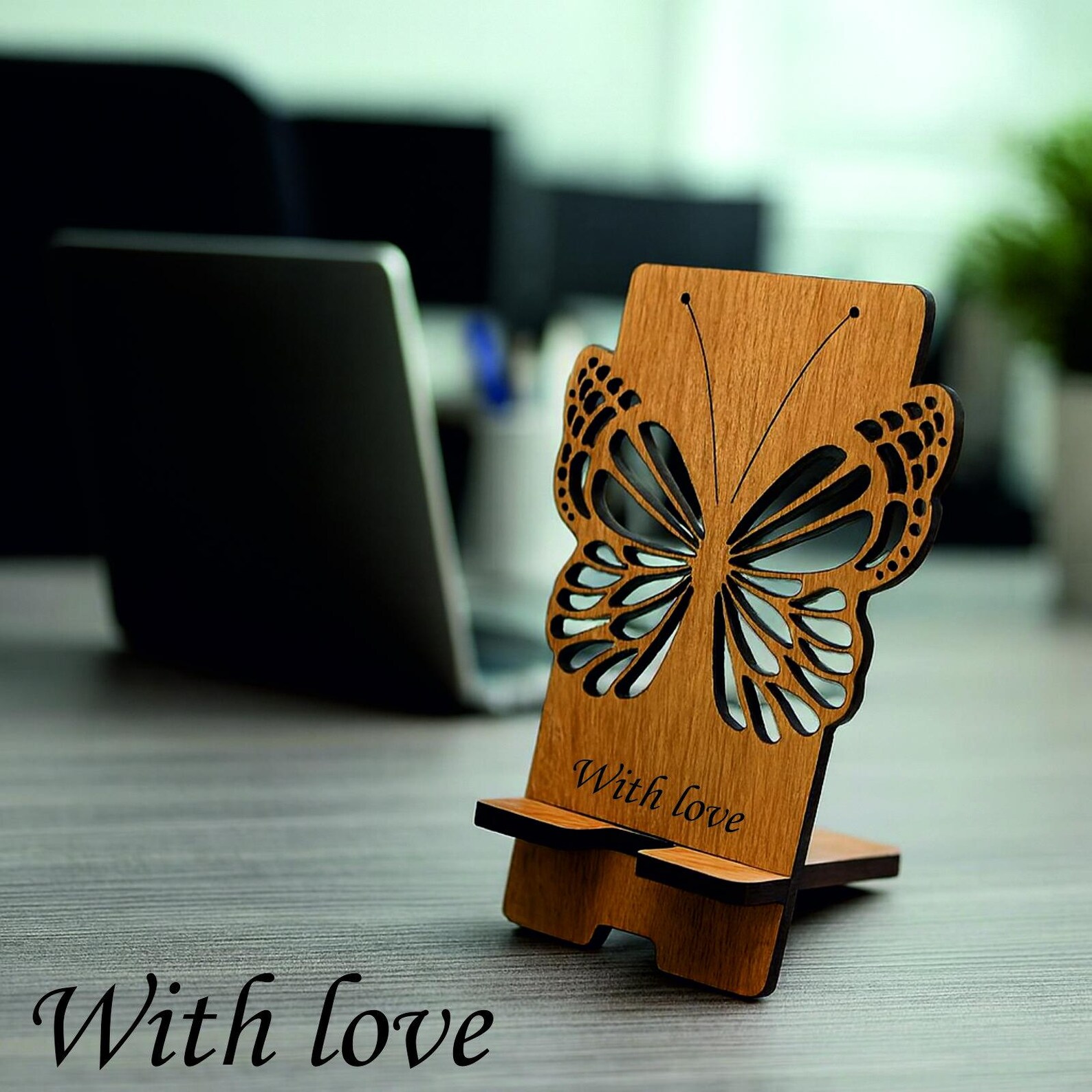 Handmade Oak Phone Stand – Butterfly Design – Wooden Holder – Natural ...