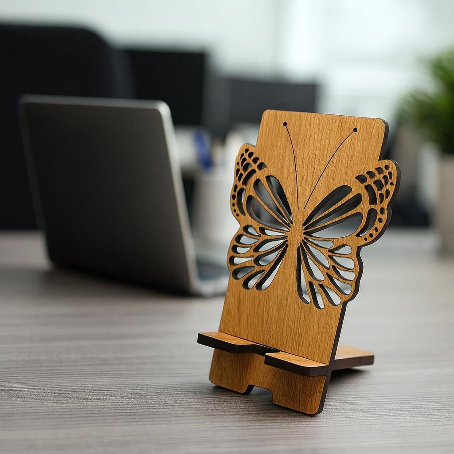 Handmade Oak Phone Stand – Butterfly Design – Wooden Holder – Natural ...