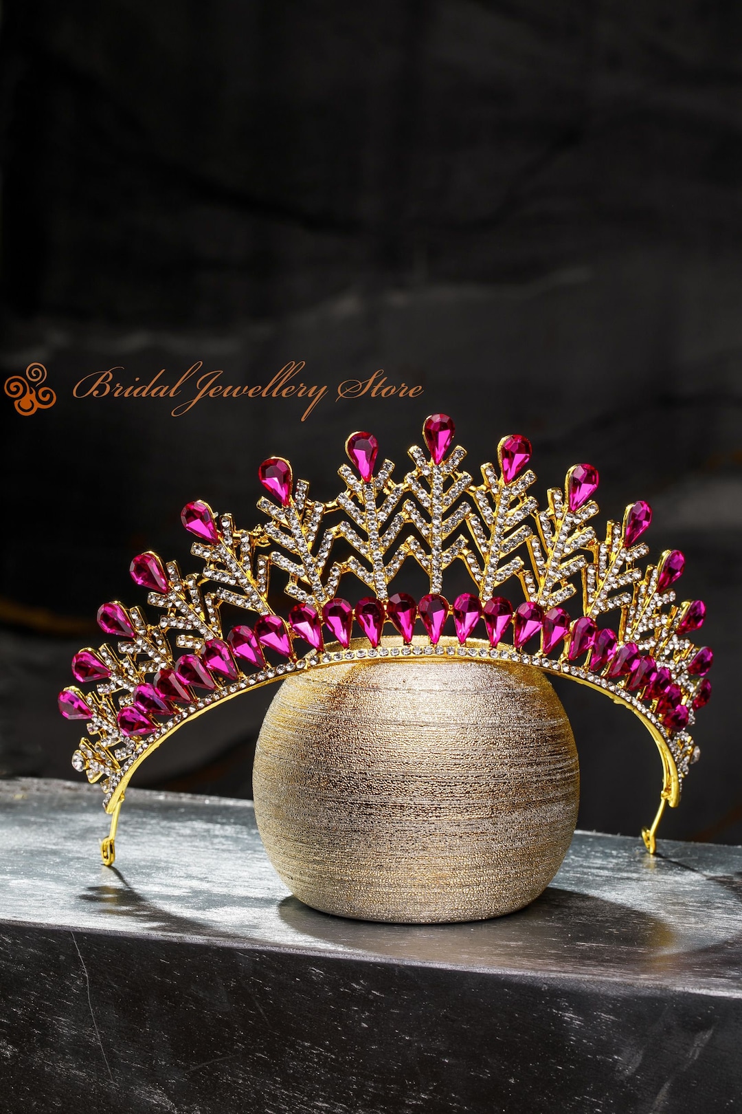 Pink Crystal Bridal Tiara, Gold Wedding Crown, Hair Accessory - Etsy