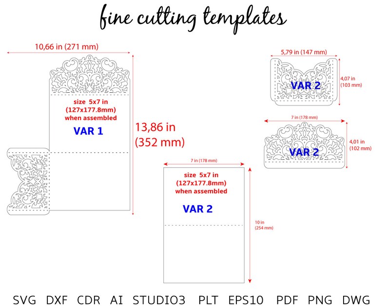Tri Fold pocket envelope cutting template 5x7 Elegant Wedding | Etsy