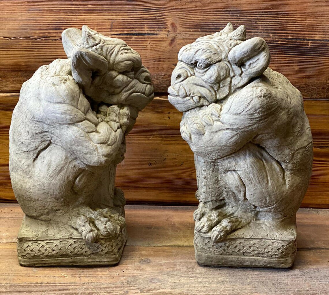 Stone Garden Large Pair of Gargoyle Gremlin Pillar Cap Statue Ornament ...