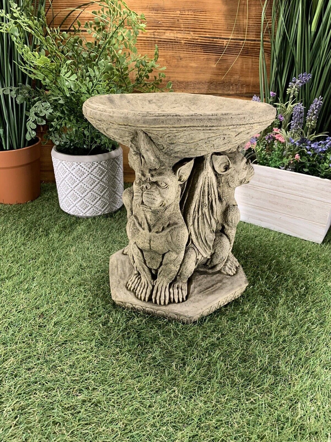 Stone Garden Gargoyle Bird Bath Feeder Gremlin Winged Gothic Statue ...