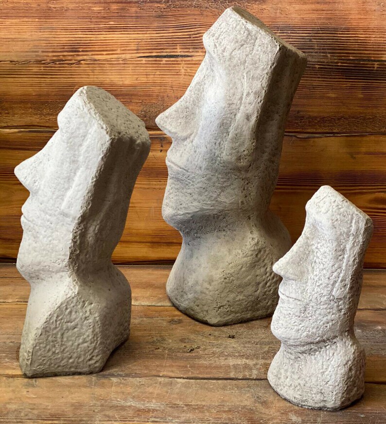 Stone Garden Set Of 3 Moai Easter Island Head Tiki Ornament | Etsy
