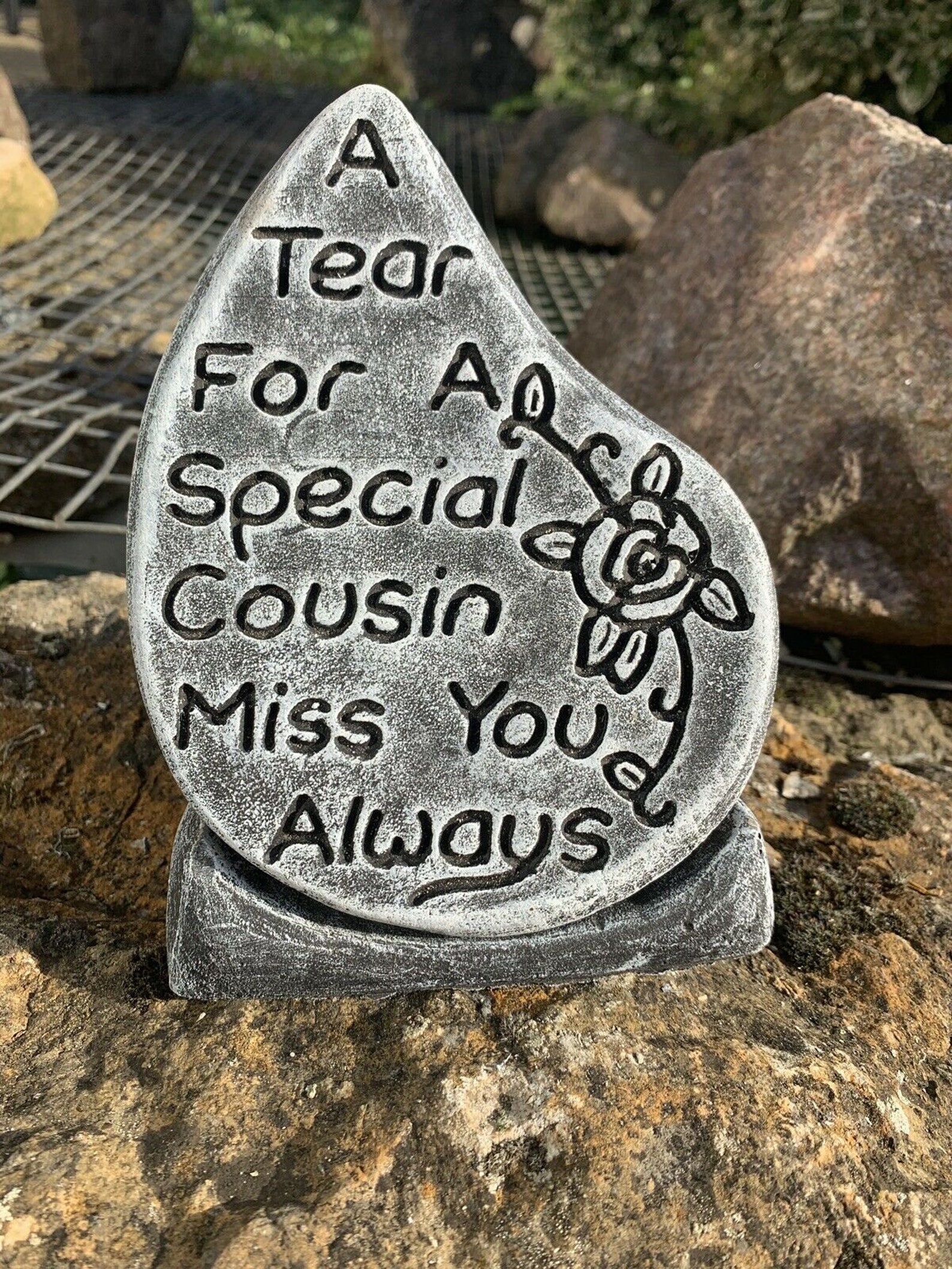 Stone Garden Special Cousin Tear Drop Memorial Plaque Concrete Ornament ...