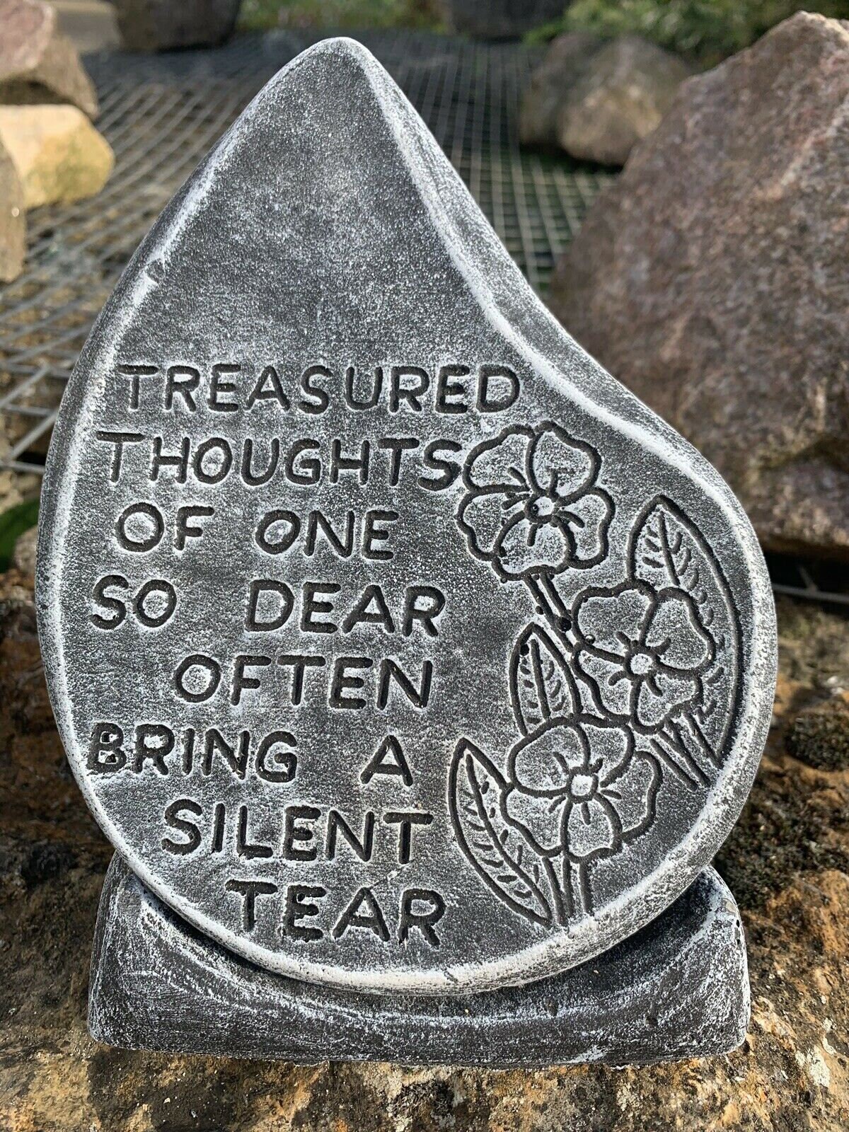 Stone Garden Treasured Thoughts Tear Drop Memorial Plaque Concrete ...