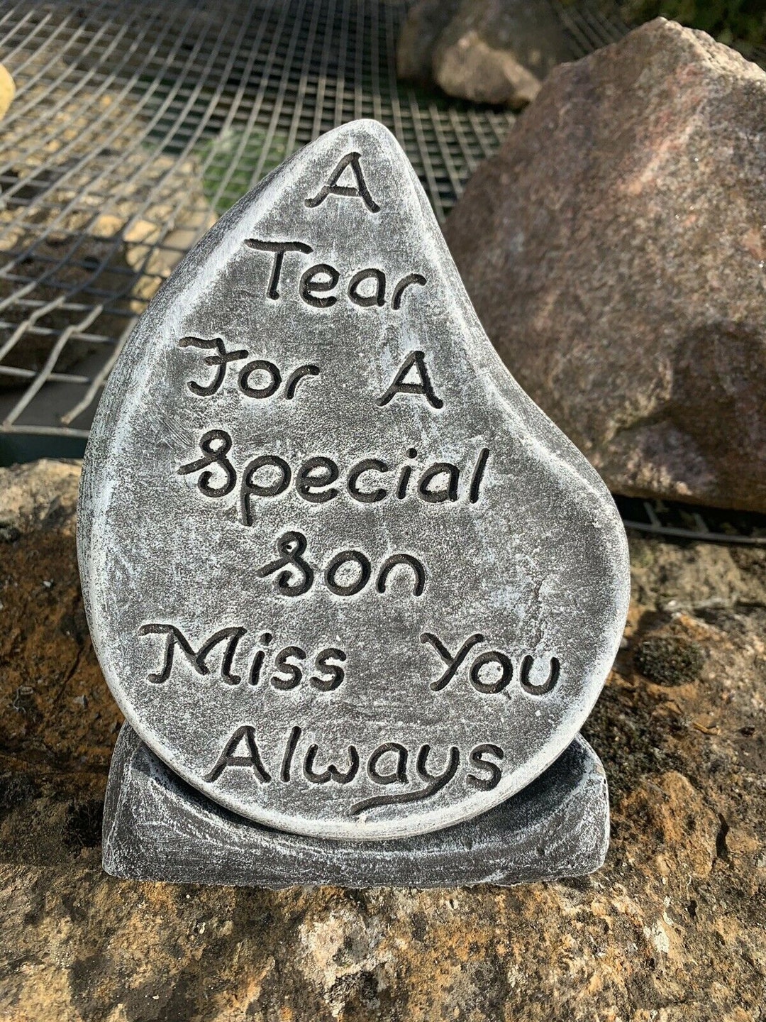 Stone Garden Special Son Tear Drop Memorial Plaque Concrete - Etsy