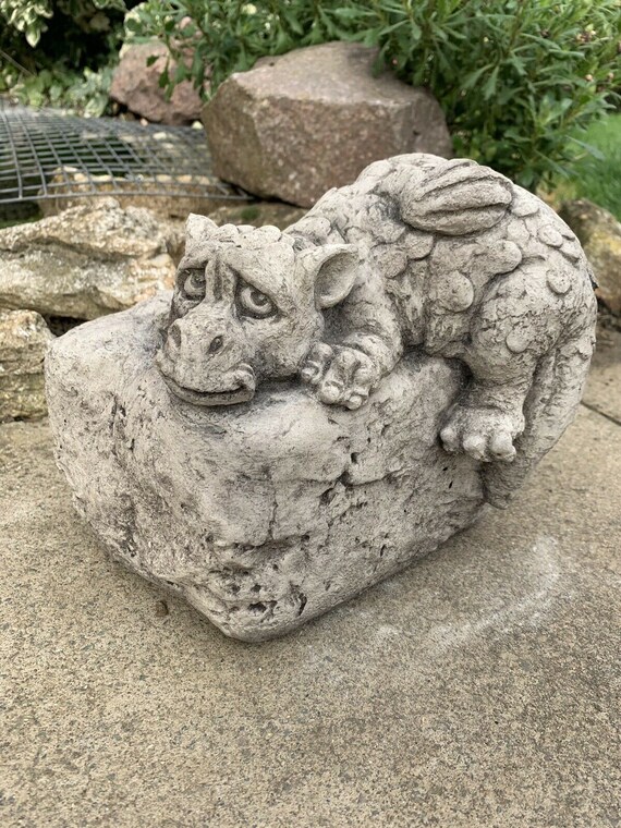 Stone Garden Dragon on A Rock Hand Cast Cute Statue Mythical - Etsy