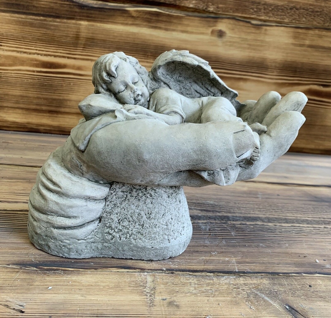 Stone Garden Angel Cherub on Hand Memorial Statue Ornament - Etsy