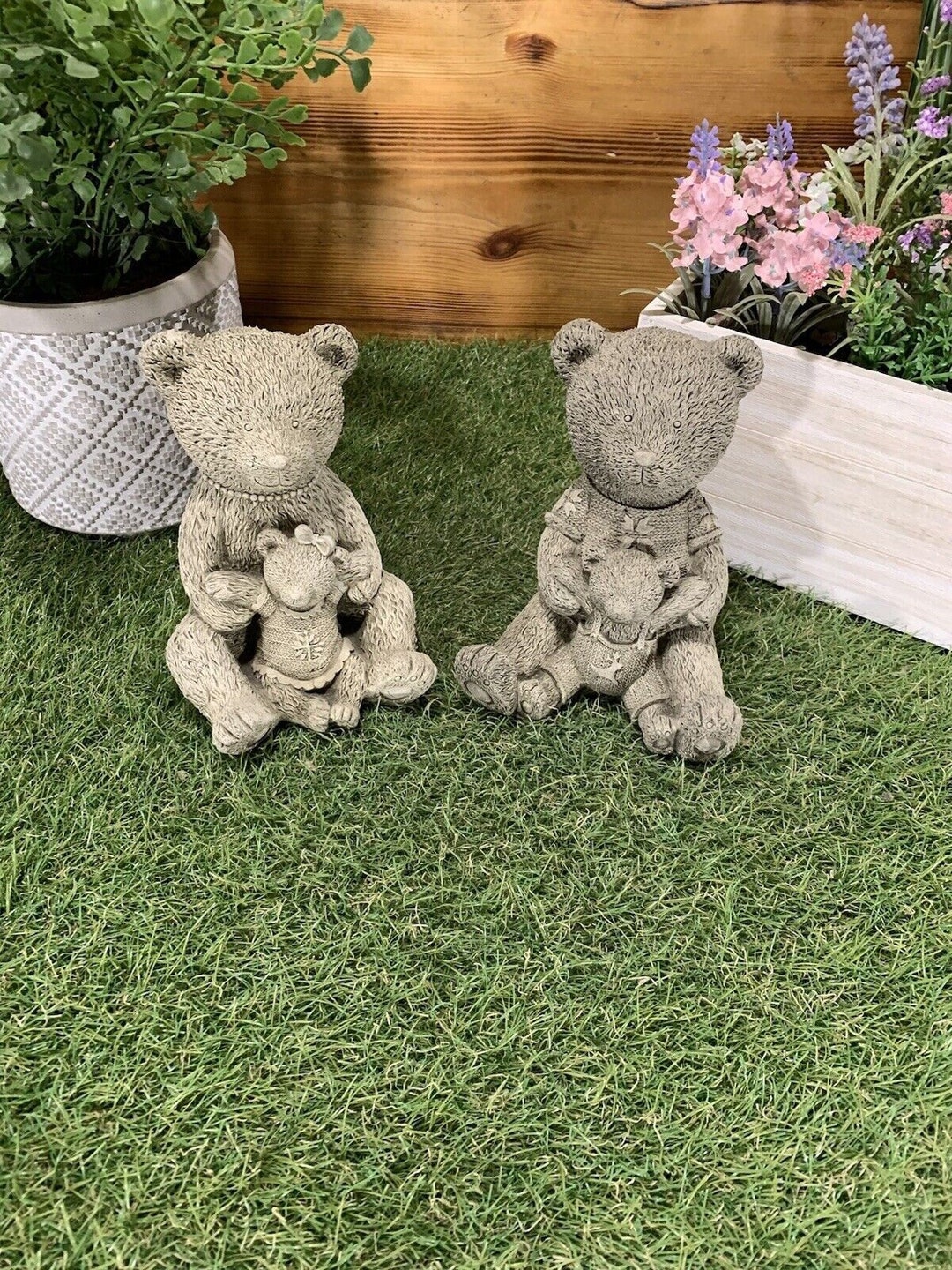 Stone Garden Pair of Cute Teddy Bear Statue Ornaments - Etsy