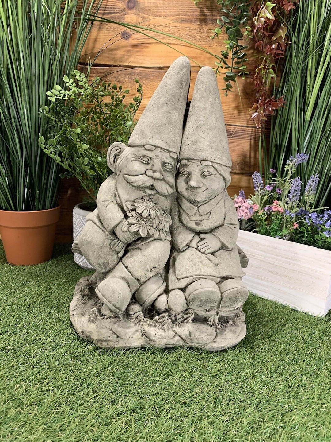 Stone Garden Stone Pair of Loving Gnomes on A Bench Gift Ornament - Etsy
