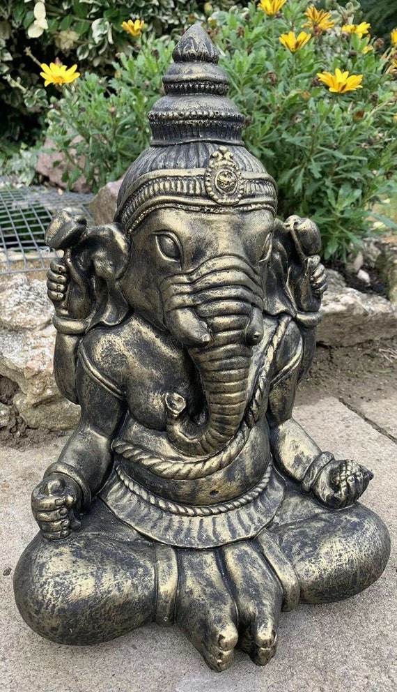 Stone Garden Large Gold Ganesh Buddha Elephant Praying Statue Ornament
