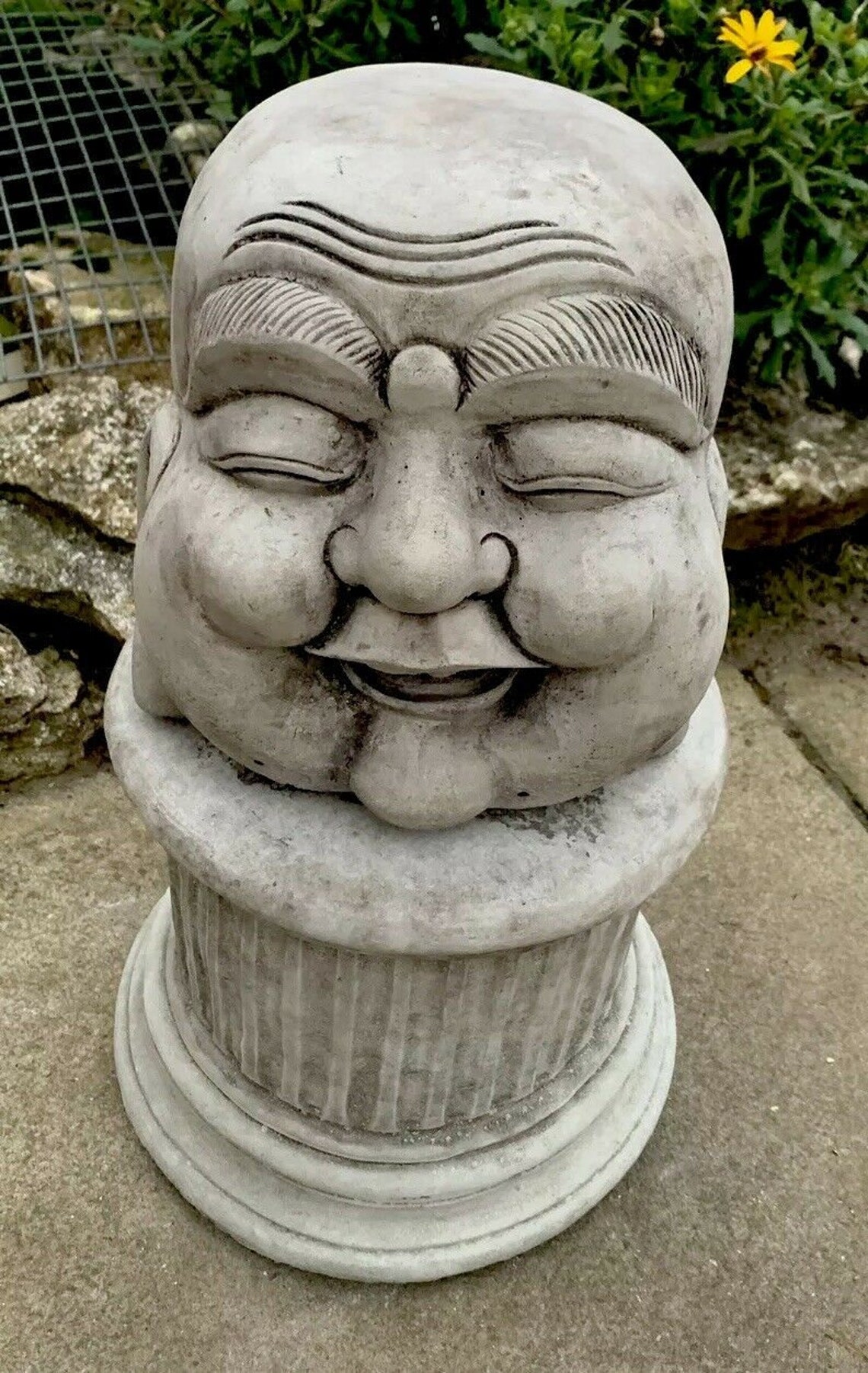 Stone Garden Happy Smiling Buddha Head Statue With Plinth - Etsy UK