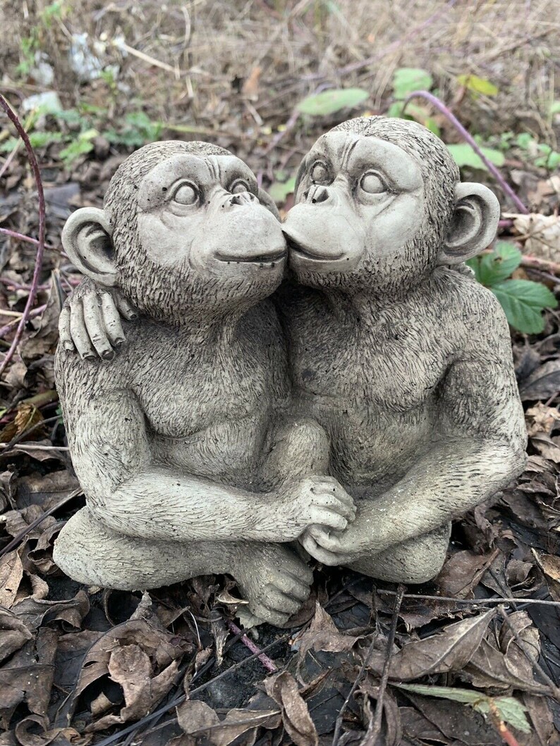 Stone Garden Kissing Monkey Love Statue Couple Holding Hands | Etsy
