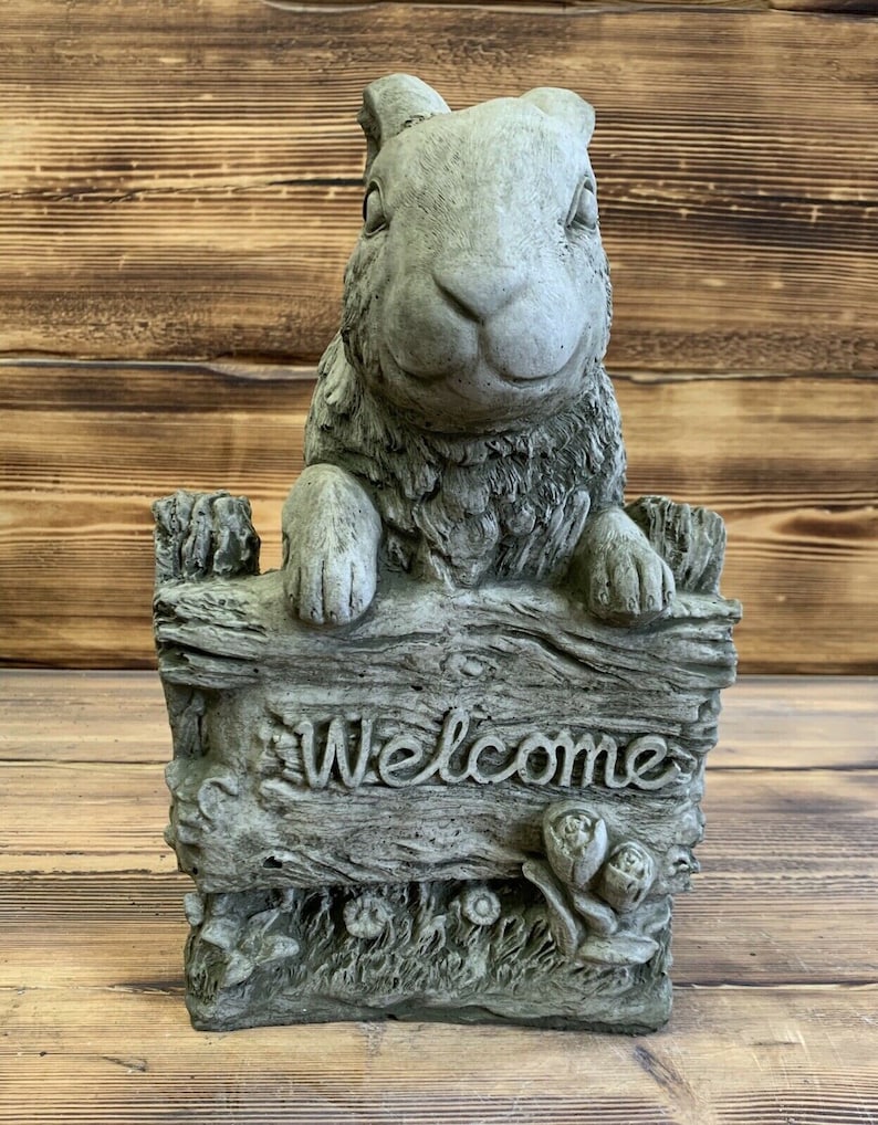 Stone Garden Welcome Rabbit on Gate Statue Ornament - Etsy
