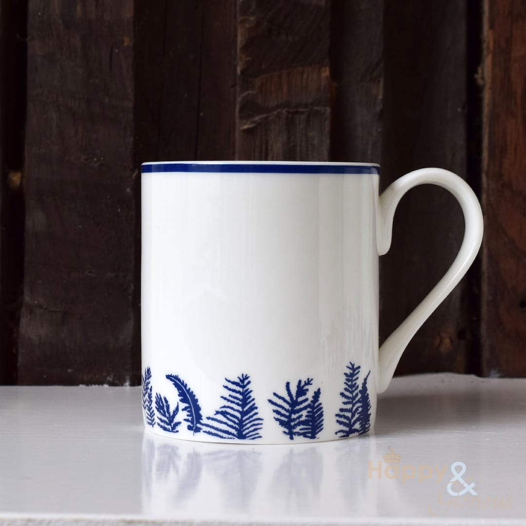 Navy and White Fern Fine China Mug - Etsy