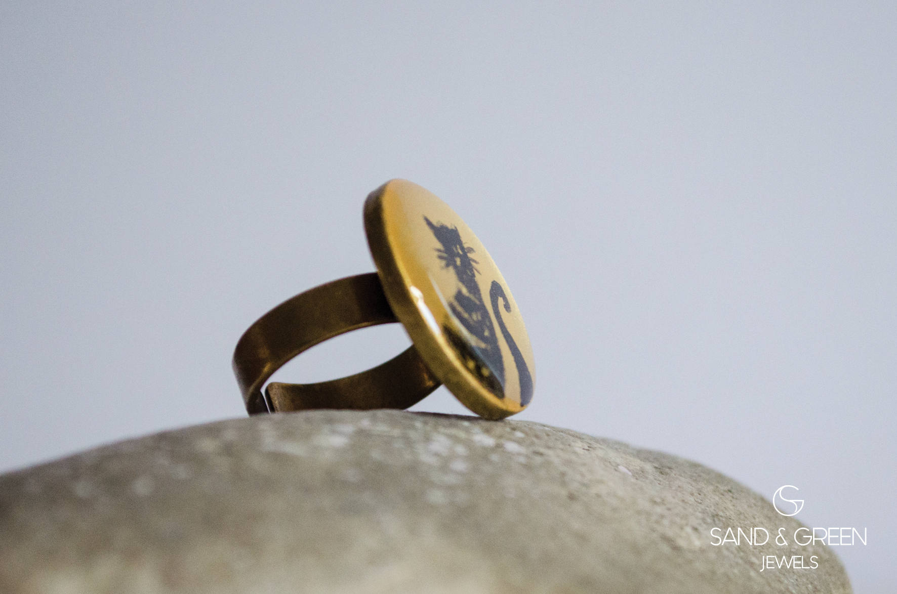 Bronze Round Ring on One Black Cat in Gold Background Theme, Hand ...