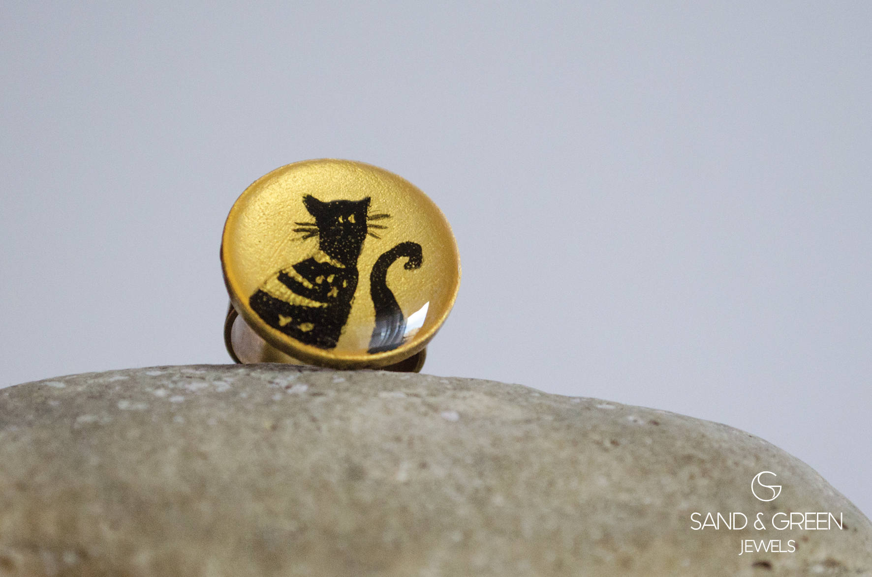 Bronze Round Ring on One Black Cat in Gold Background Theme, Hand ...