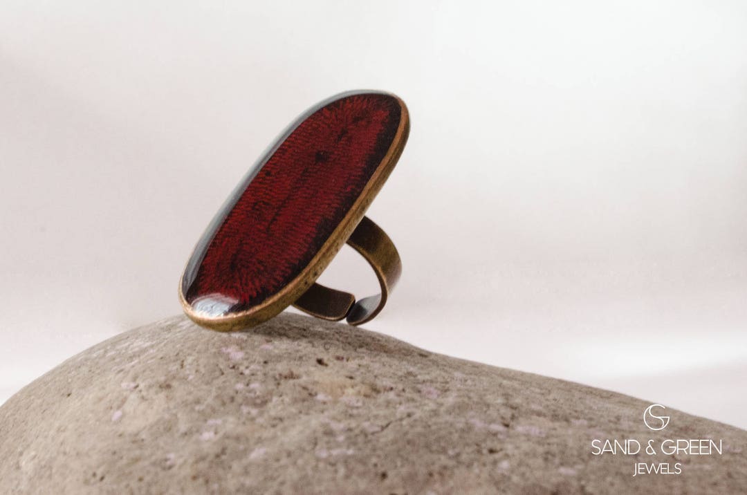 Burgundy Large Ring Vintage Bronze Ring Dark Red Enamel - Etsy