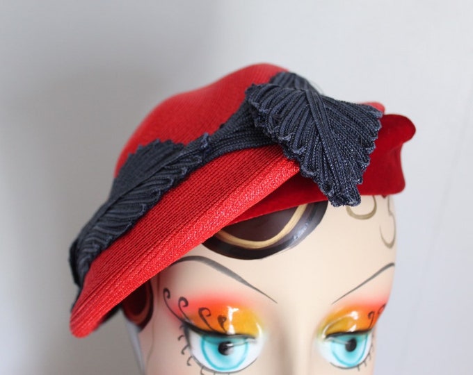 Vintage 1950s Red Straw Tam Hat With Red Velvet Trim and Navy Straw ...