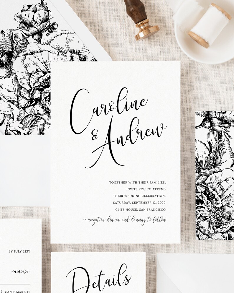 Calligraphy Wedding Invitation Suite. Watercolor Floral - Etsy