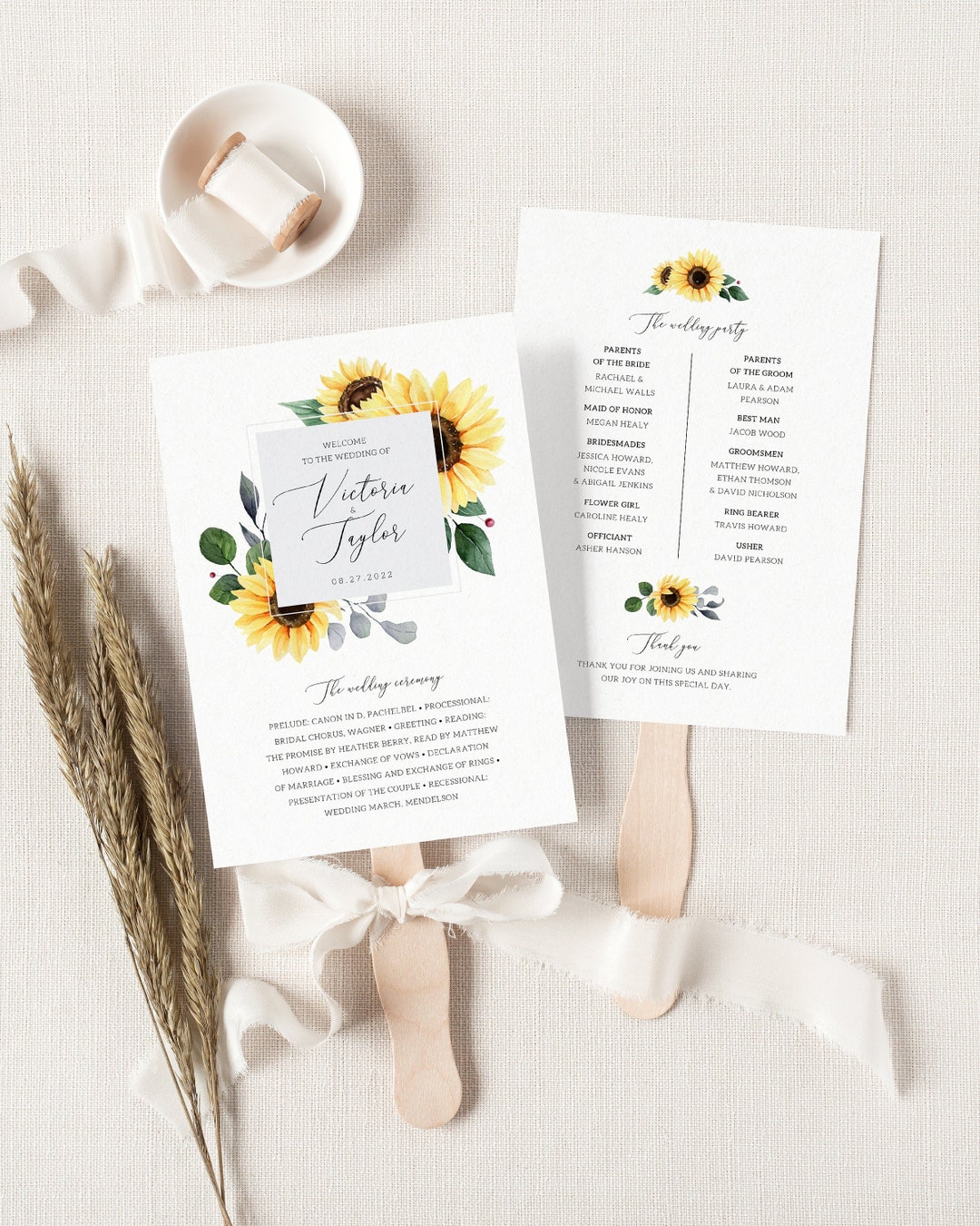 Sunflower Wedding Program Fan Template Printable Rustic - Etsy