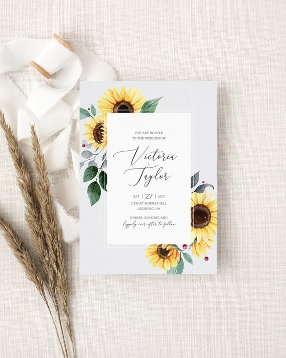 Sunflower Wedding Invitation Template Printable Rustic | Etsy