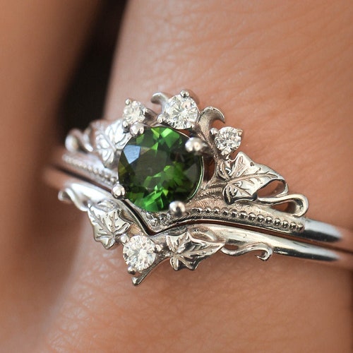 Nature Engagement Ring Set Green Tourmaline Ring Bridal Set - Etsy