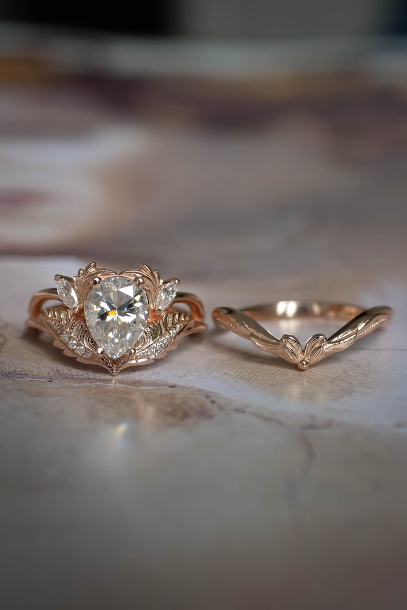 Elvish Pear Cut Lab Grown Diamond Engagement Ring Set - Etsy
