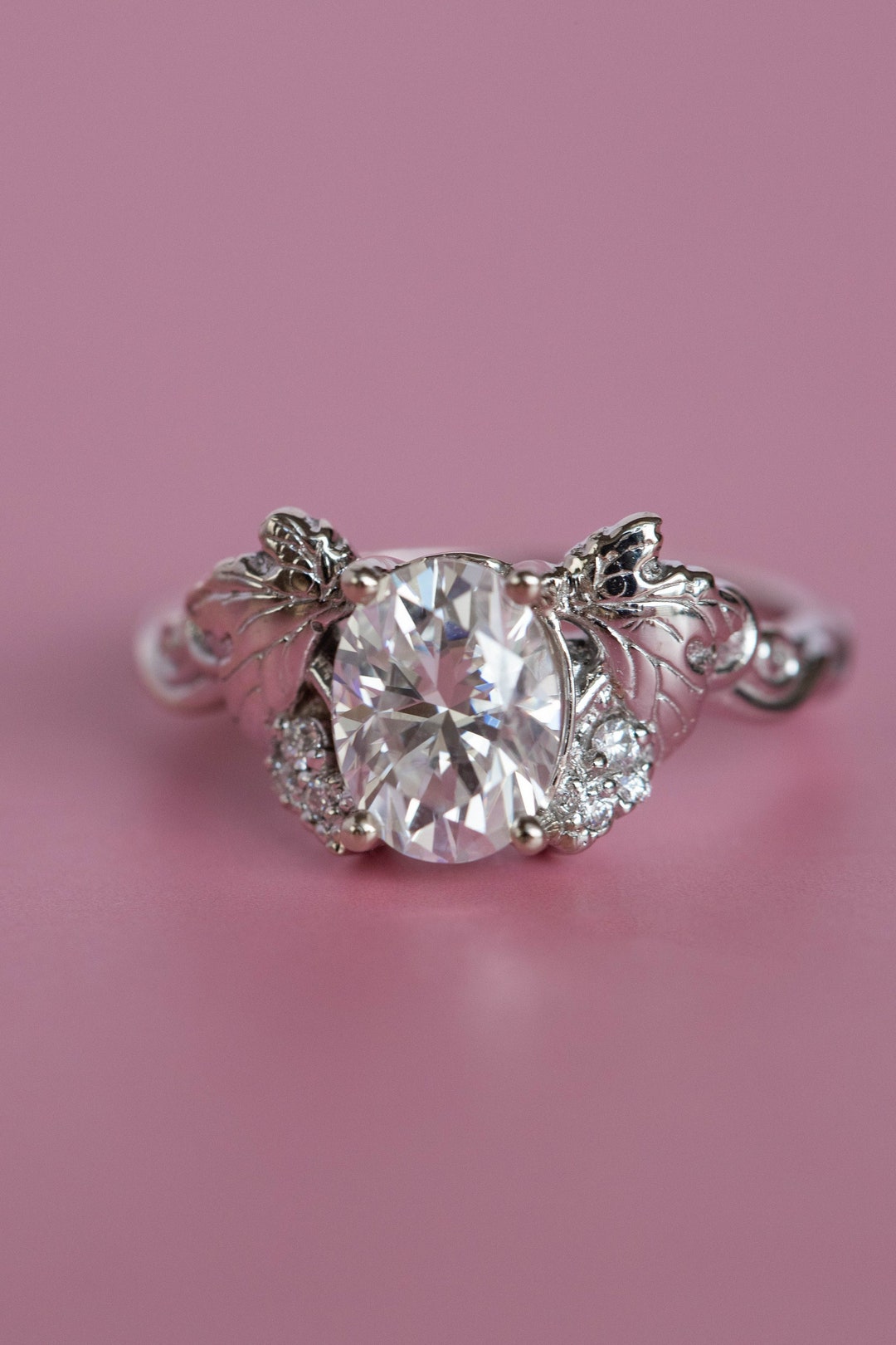 1.10 Ct Lab Grown Diamond White Gold Ring, Diamond With Grape Leaves ...