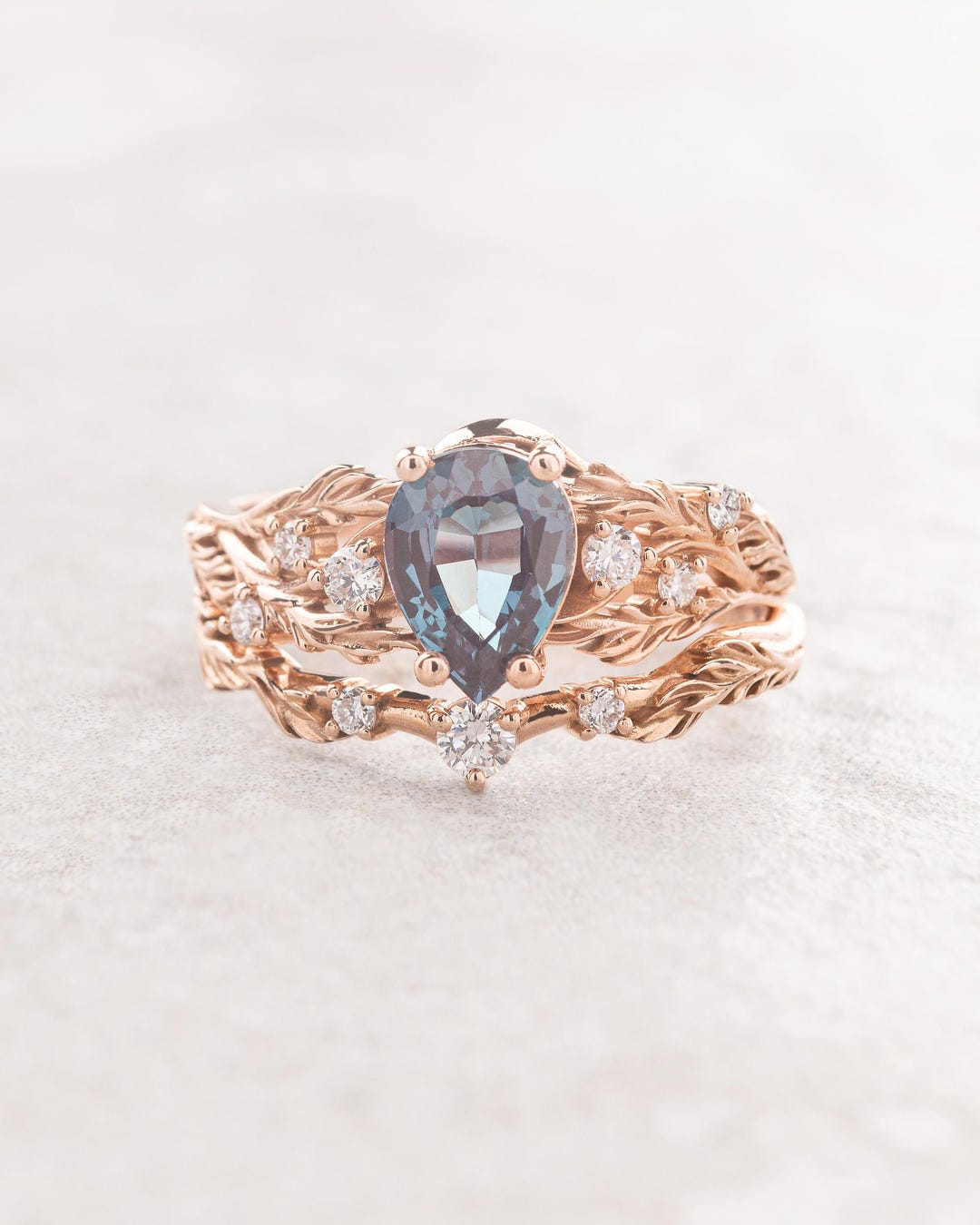 Alexandrite Bridal Set: Japanese Maple Leaf Engagement Ring & Matching ...