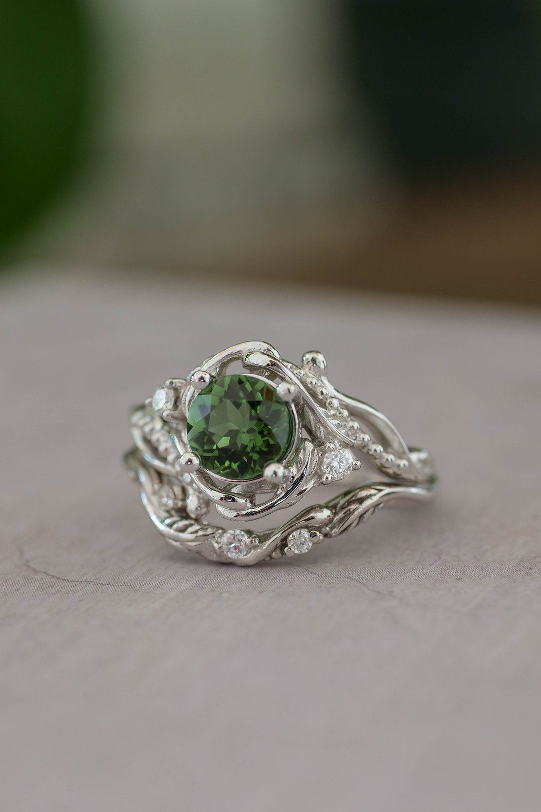 Ethical Engagement Ring Set, Branch Ring, Green Tourmaline Ring, Curved ...