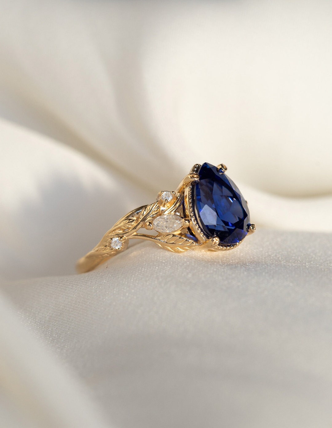 Midnight Blue Sapphire Engagement Ring, Lab Grown Sapphire Nature ...