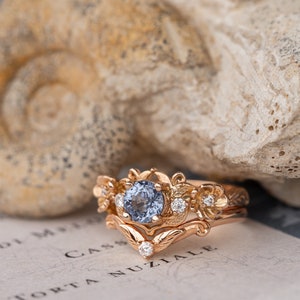 Violetish Blue Sapphire Ring With Flowers & Diamonds, Nature Inspired ...