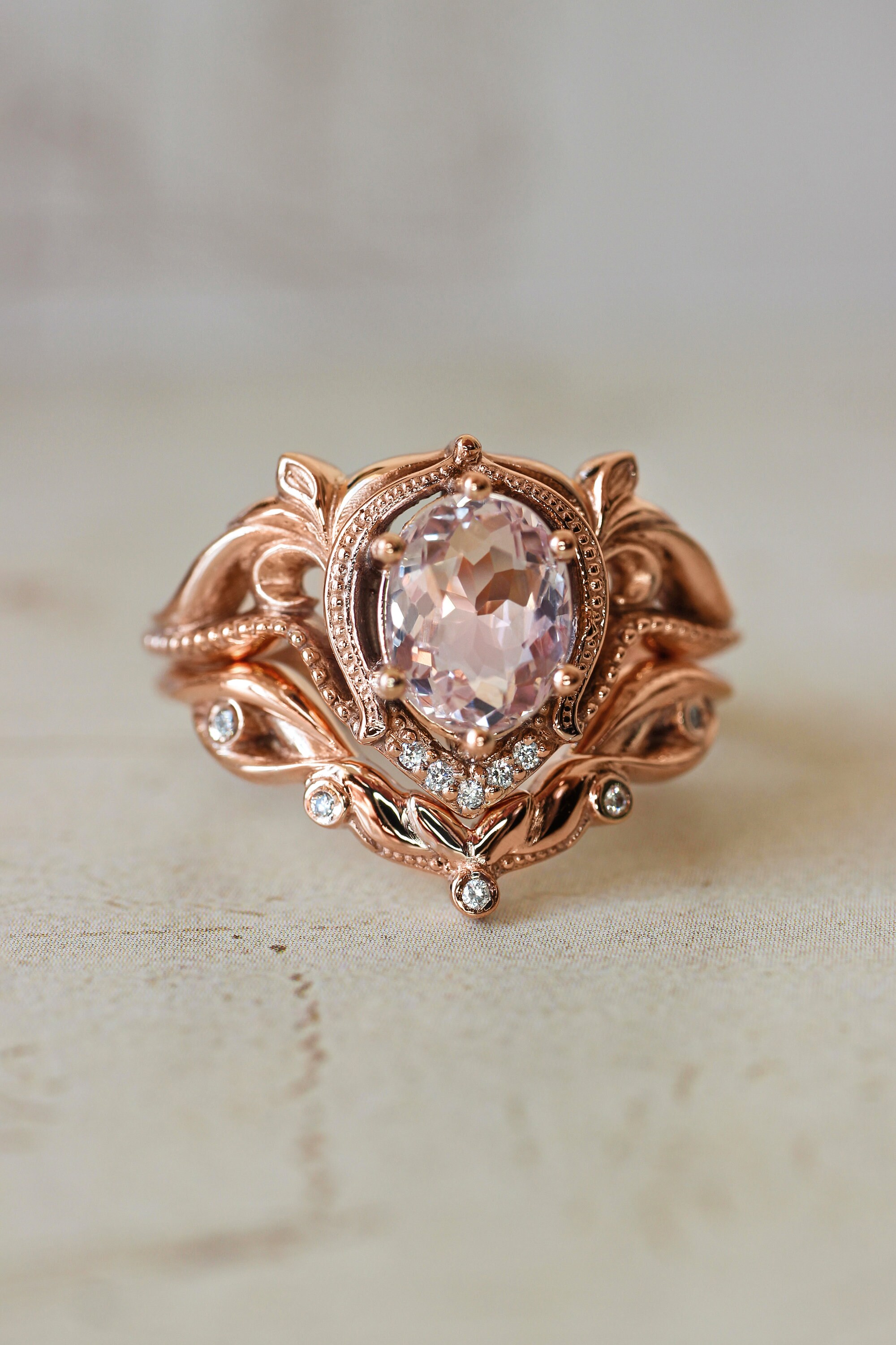 Morganite bridal ring set 14K rose gold ring set art nouveau | Etsy