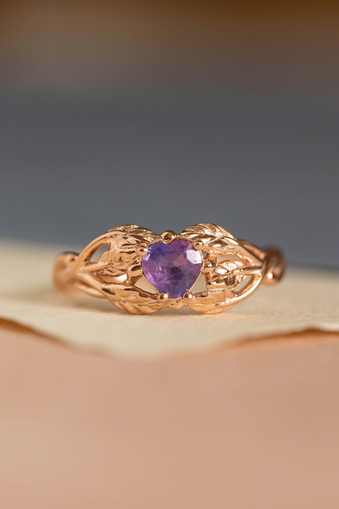 Heart Shape Purple Sapphire Engagement Ring, Elvish Proposal Ring, Leaf ...