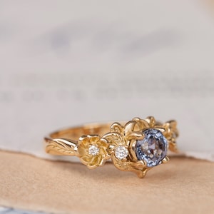 Violetish Blue Sapphire Ring With Flowers & Diamonds, Nature Inspired ...