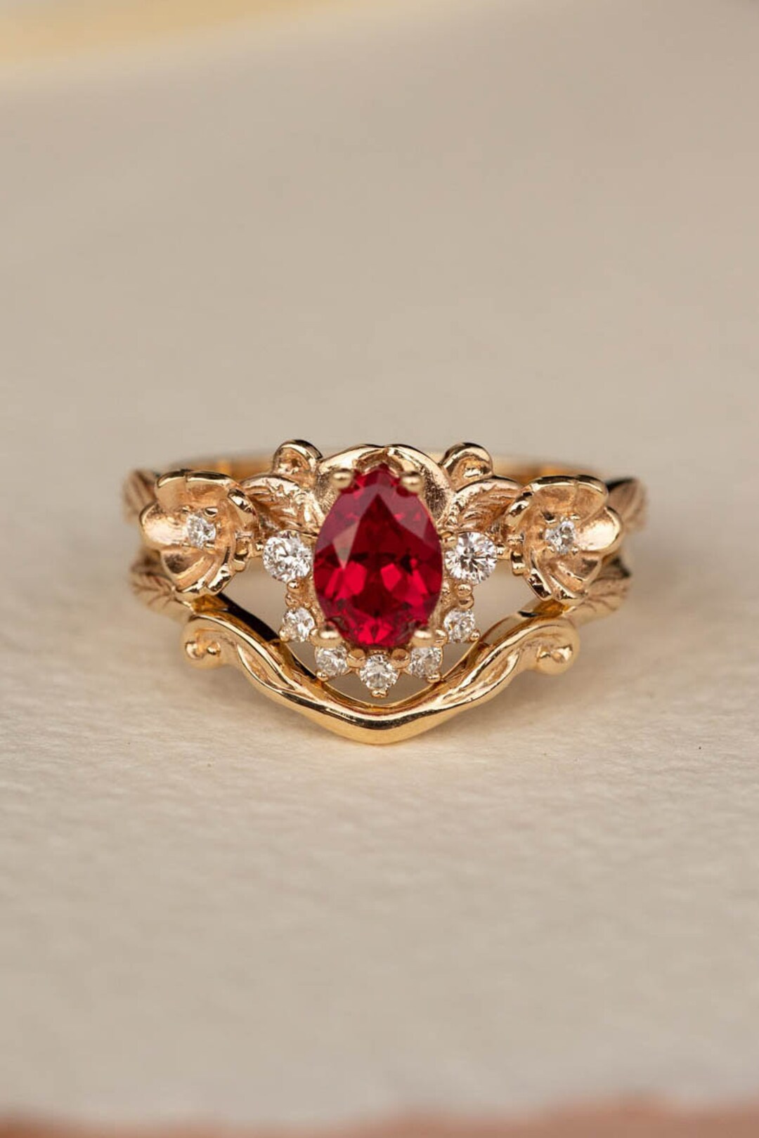 Lab Ruby & Diamonds Engagement Ring Set, Gold Flower Bridal Ring Set ...