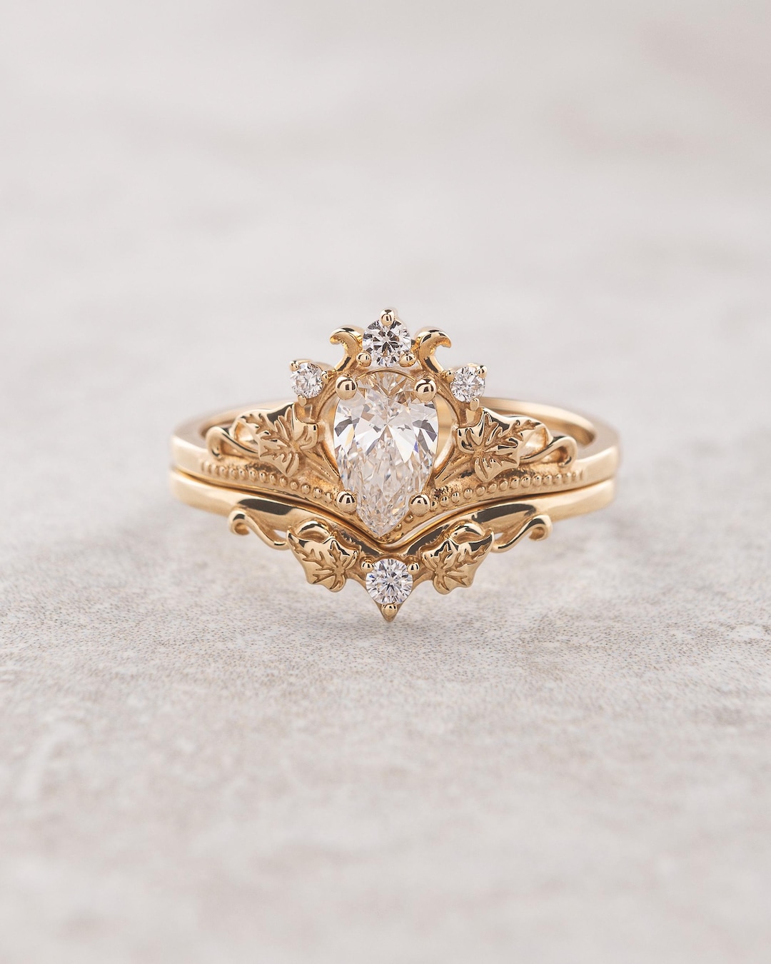 Regal Crown Shaped Lab Diamond Bridal Set: Ethical Gold Ivy Leaf ...