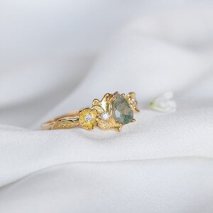 Flower Shaped Ring Diamonds and Pear Cut Moss Agate Floral Engagement ...