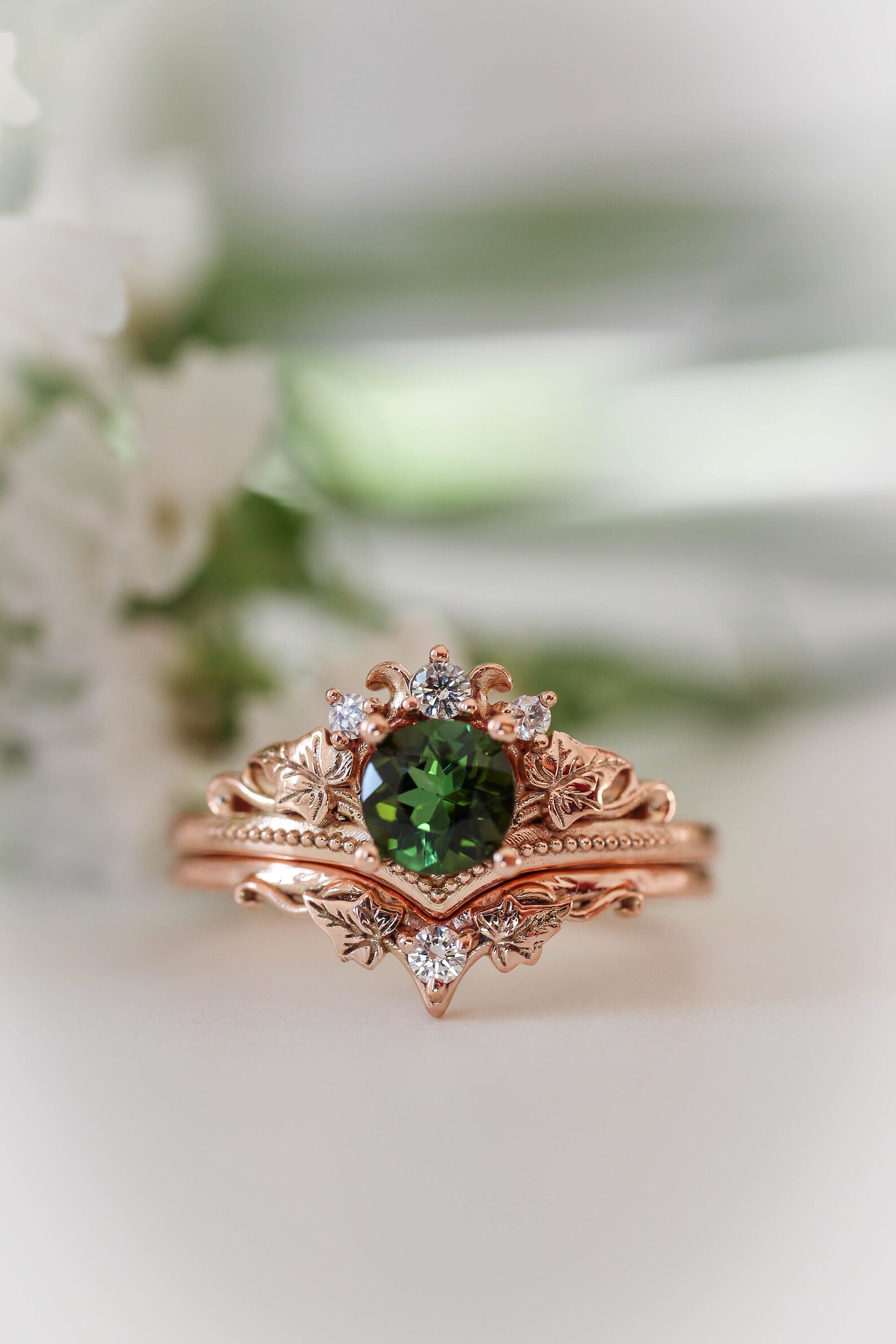 Nature Engagement Ring Set Green Tourmaline Ring Bridal Set - Etsy
