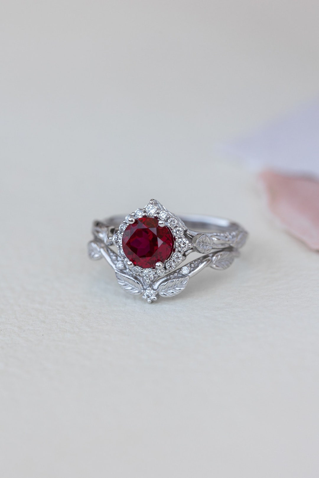 1.5 Ct Lab Ruby Nature Inspired Engagement Ring Set - Diamond Halo Ruby ...