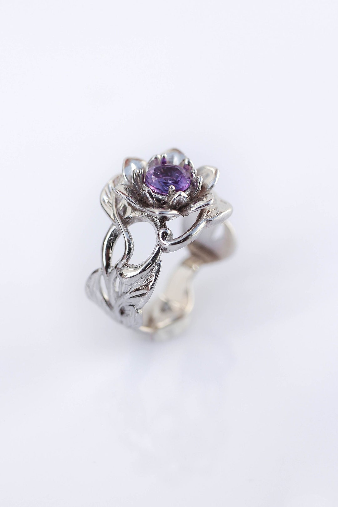 Amethyst Flower Engagement Ring, White Gold Engagement Ring, Wide Band ...