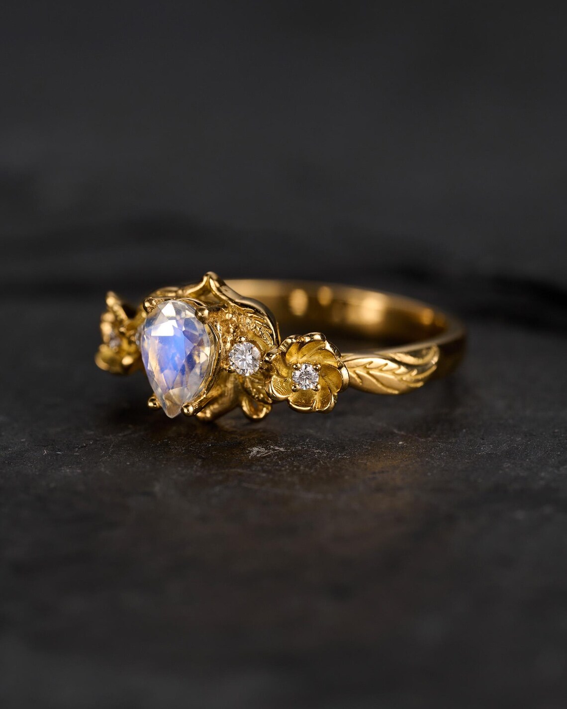 Real Moonstone Ring, Diamonds and Gold Leaves Nature Inspired Flower ...