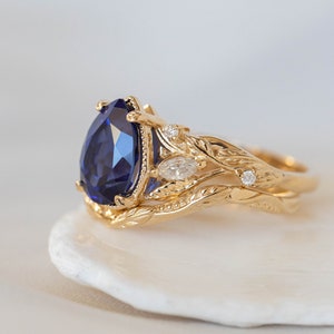 Lab Created Sapphire Engagement Ring Set, Fantasy Botanical Ring With ...