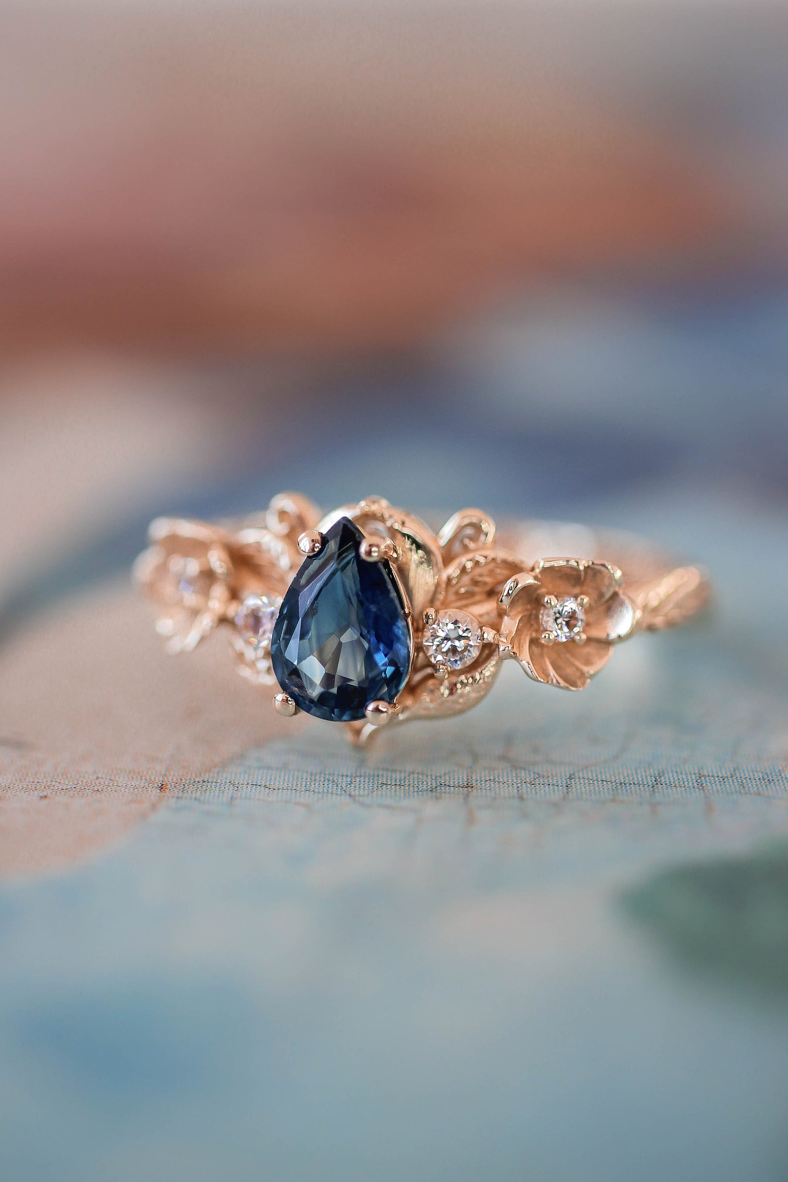 Sapphire Engagement Ring Floral Ring Solid White Gold - Etsy