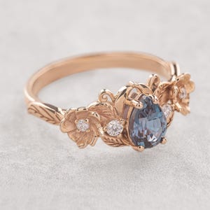 Botanical Engagement Ring With Alexandrite, Floral Engagement Ring ...
