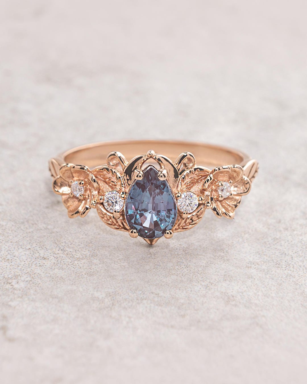 Botanical Engagement Ring With Alexandrite, Floral Engagement Ring ...