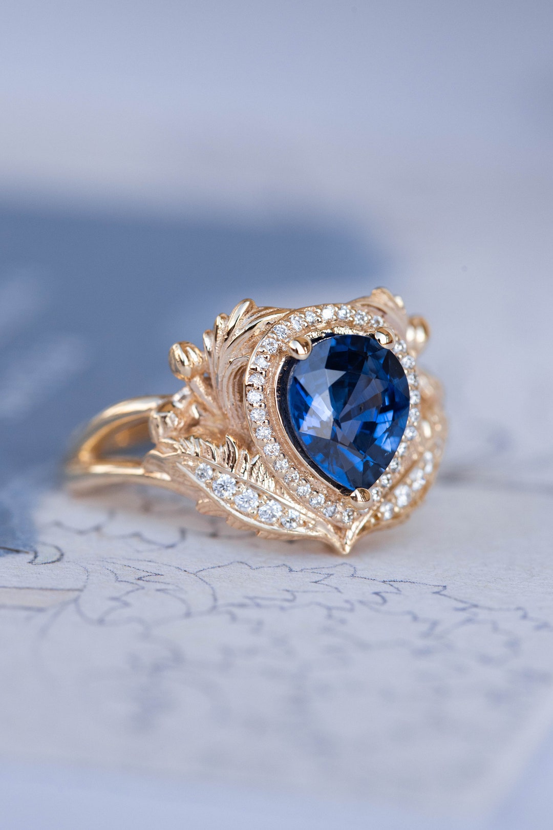 Dark Blue Natural Sapphire Engagement Ring With Diamond Halo, Nature ...